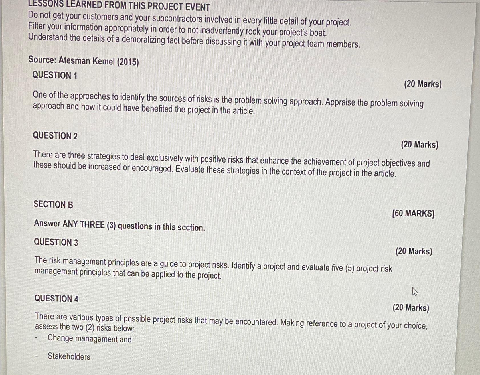 Solved LESSONS LEARNED FROM THIS PROJECT EVENTDo not get | Chegg.com