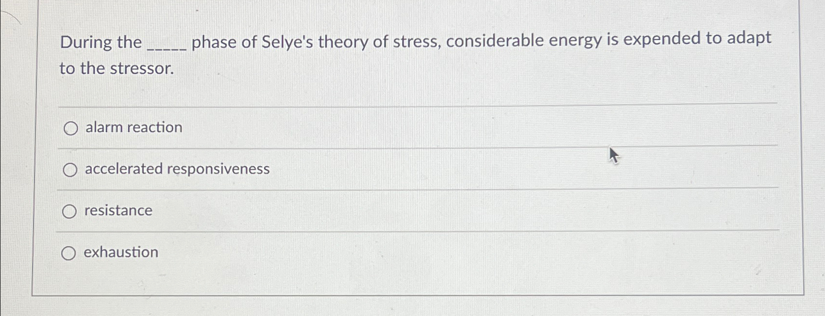 Solved During the phase of Selye's theory of stress, | Chegg.com