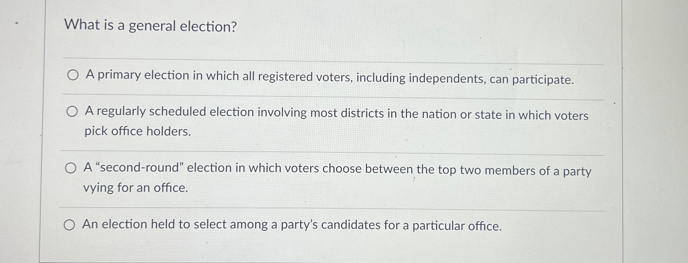 Solved What is a general election?A primary election in | Chegg.com