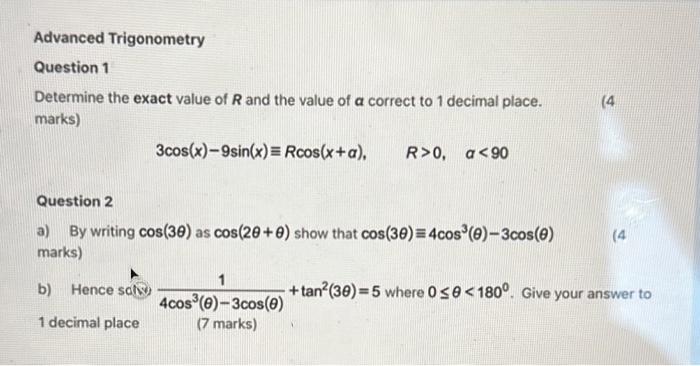 Solved Advanced Trigonometry Question 1 Determine the exact | Chegg.com