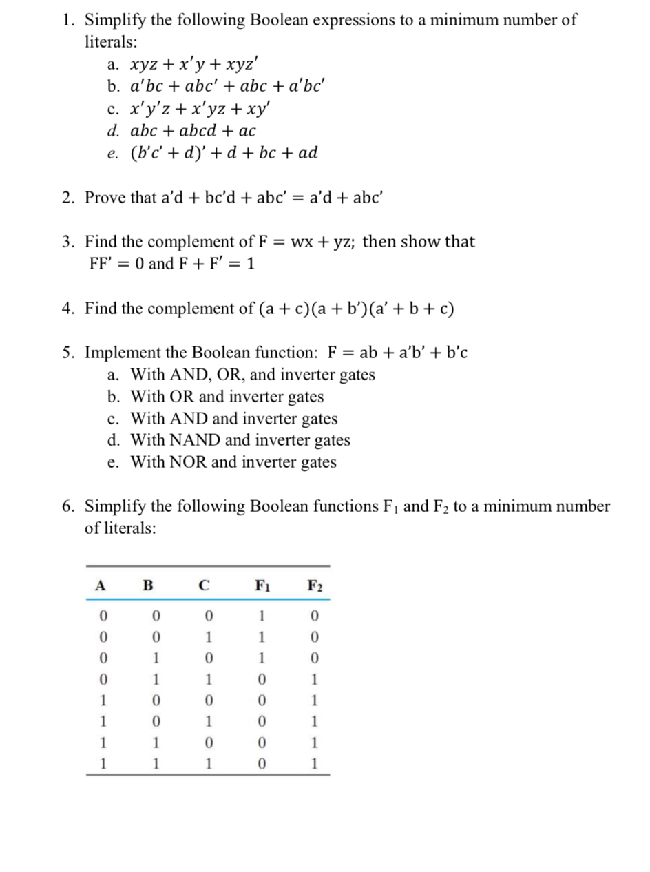 Simplify the following Boolean expressions to a | Chegg.com