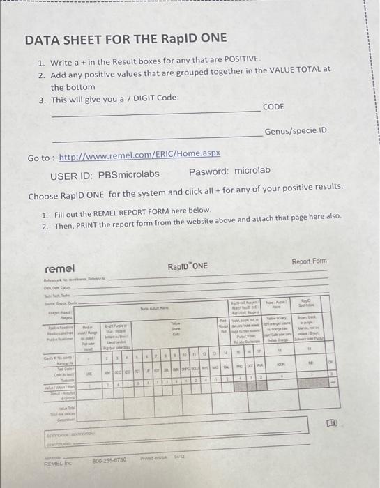 DATA SHEET FOR THE RapID ONE 1. Write a + in the | Chegg.com