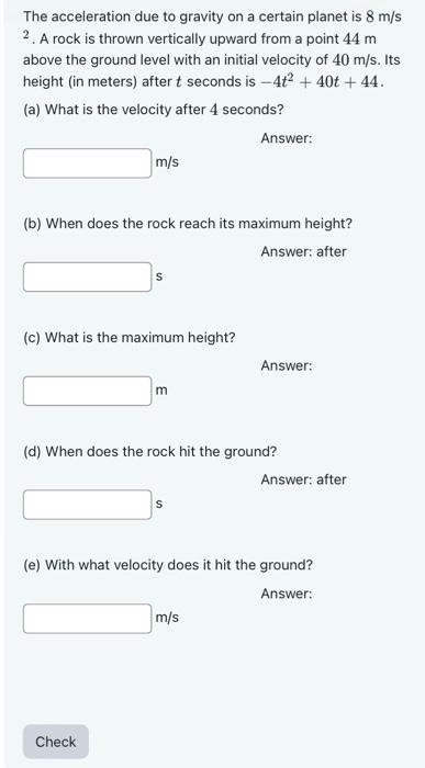 Solved The acceleration due to gravity on a certain planet | Chegg.com