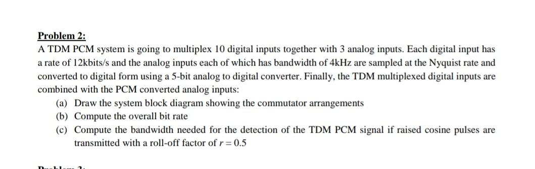 Solved Problem 2: A TDM PCM system is going to multiplex 10 | Chegg.com