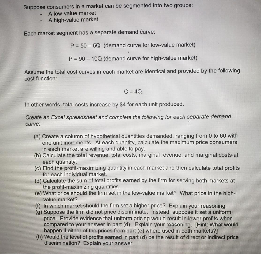 Solved Suppose consumers in a market can be segmented into | Chegg.com