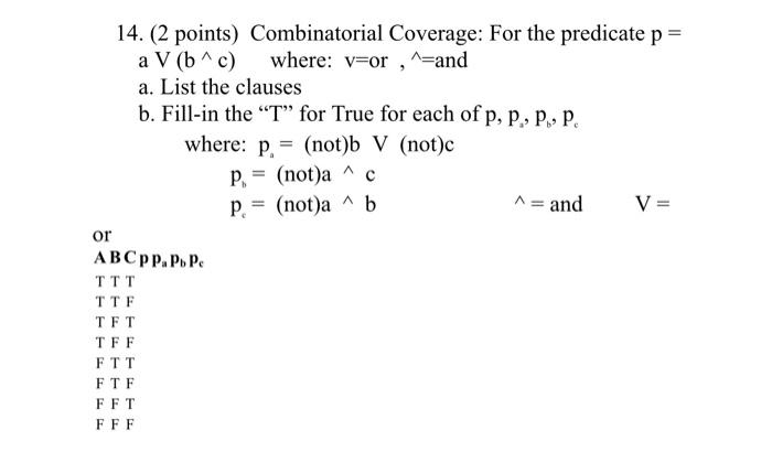 Solved 14. (2 points) Combinatorial Coverage: For the | Chegg.com