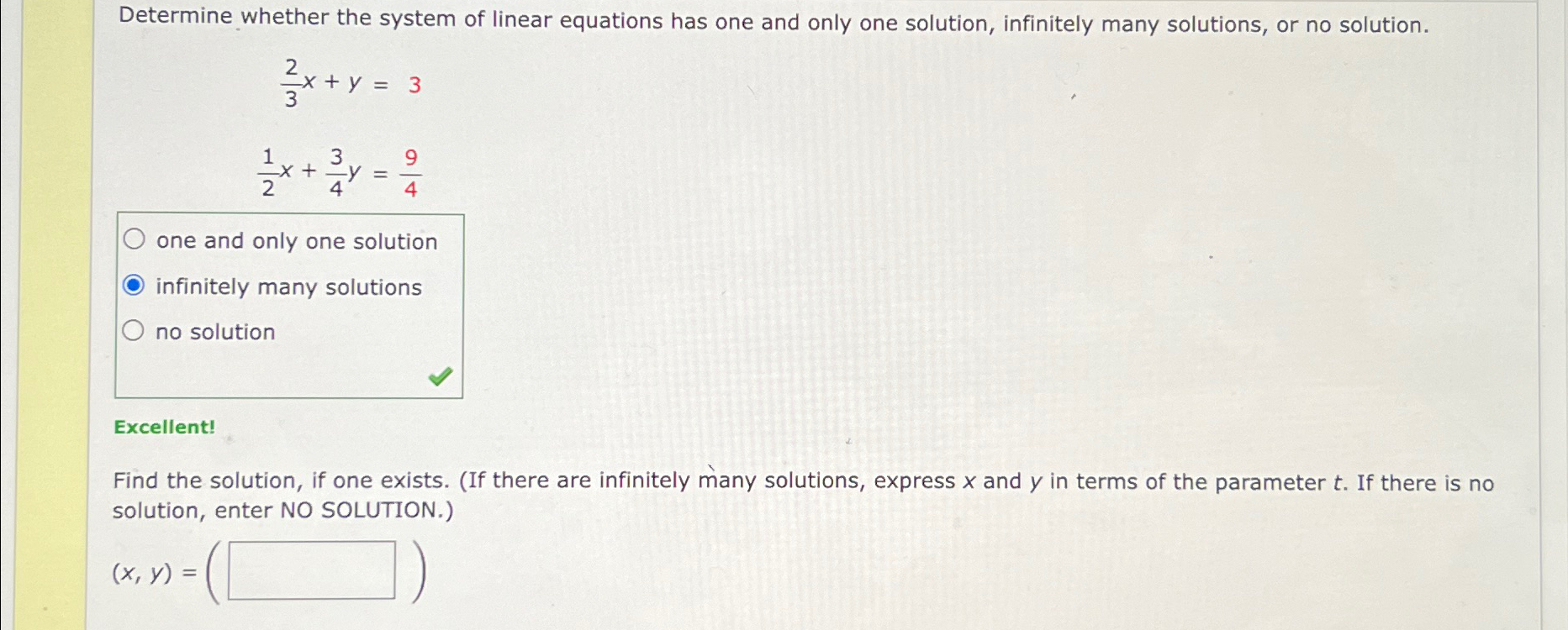 Solved Determine whether the system of linear equations has | Chegg.com
