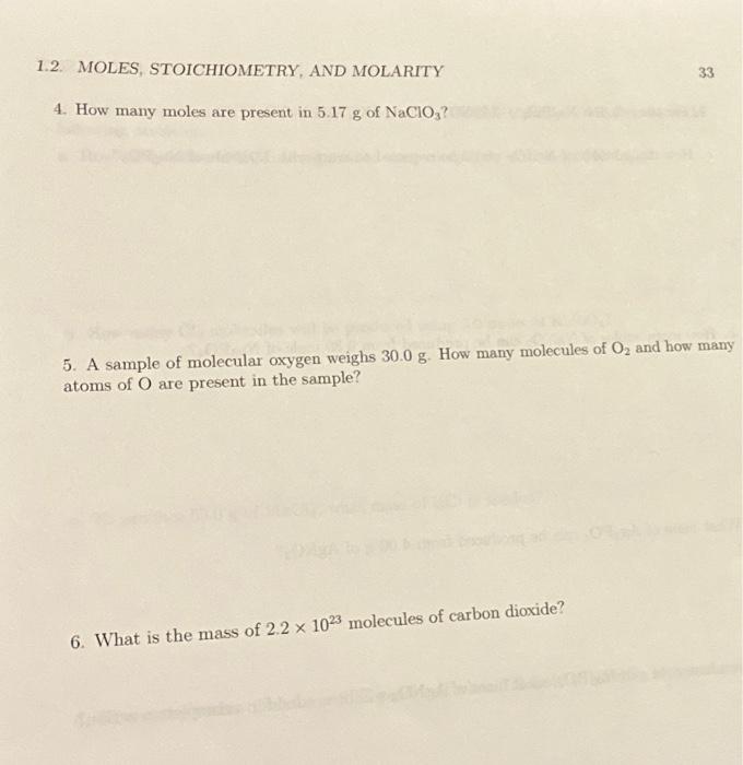 Solved 1.2. MOLES, STOICHIOMETRY, AND MOLARITY 33 4. How | Chegg.com