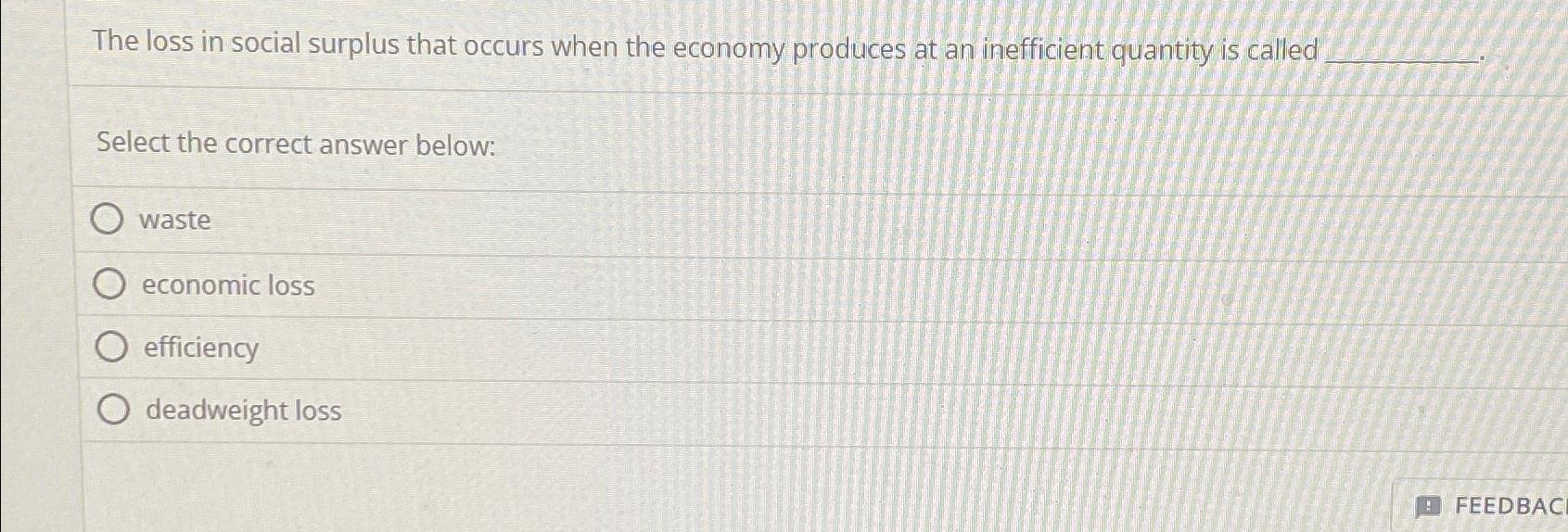 Solved The loss in social surplus that occurs when the | Chegg.com