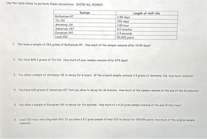 Solved Use the table below to perform these calculations. | Chegg.com