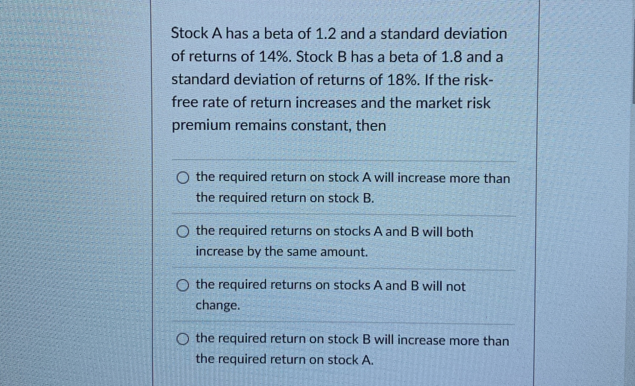 Solved Stock A has a beta of 1.2 ﻿and a standard deviation | Chegg.com