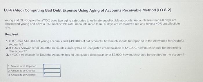 Solved E8-6 (Algo) Computing Bad Debt Expense Using Aging of | Chegg.com