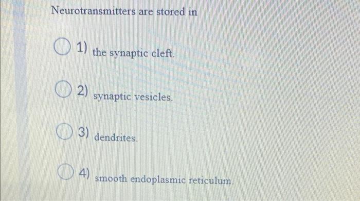 Solved Neurotransmitters are stored in O 1) the synaptic | Chegg.com