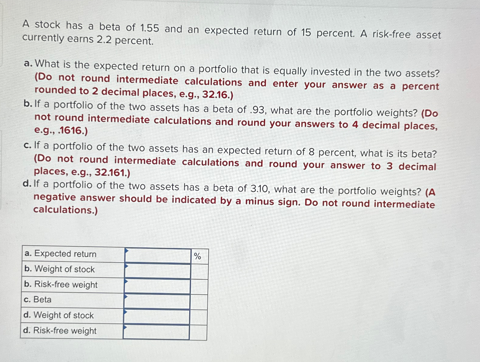 Solved A stock has a beta of 1.55 ﻿and an expected return of | Chegg.com