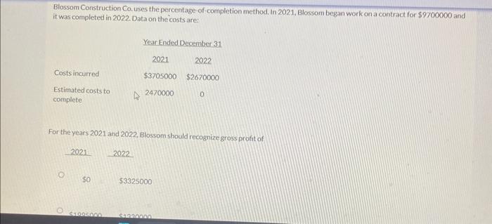 Solved Blossom Construction Co. uses the | Chegg.com