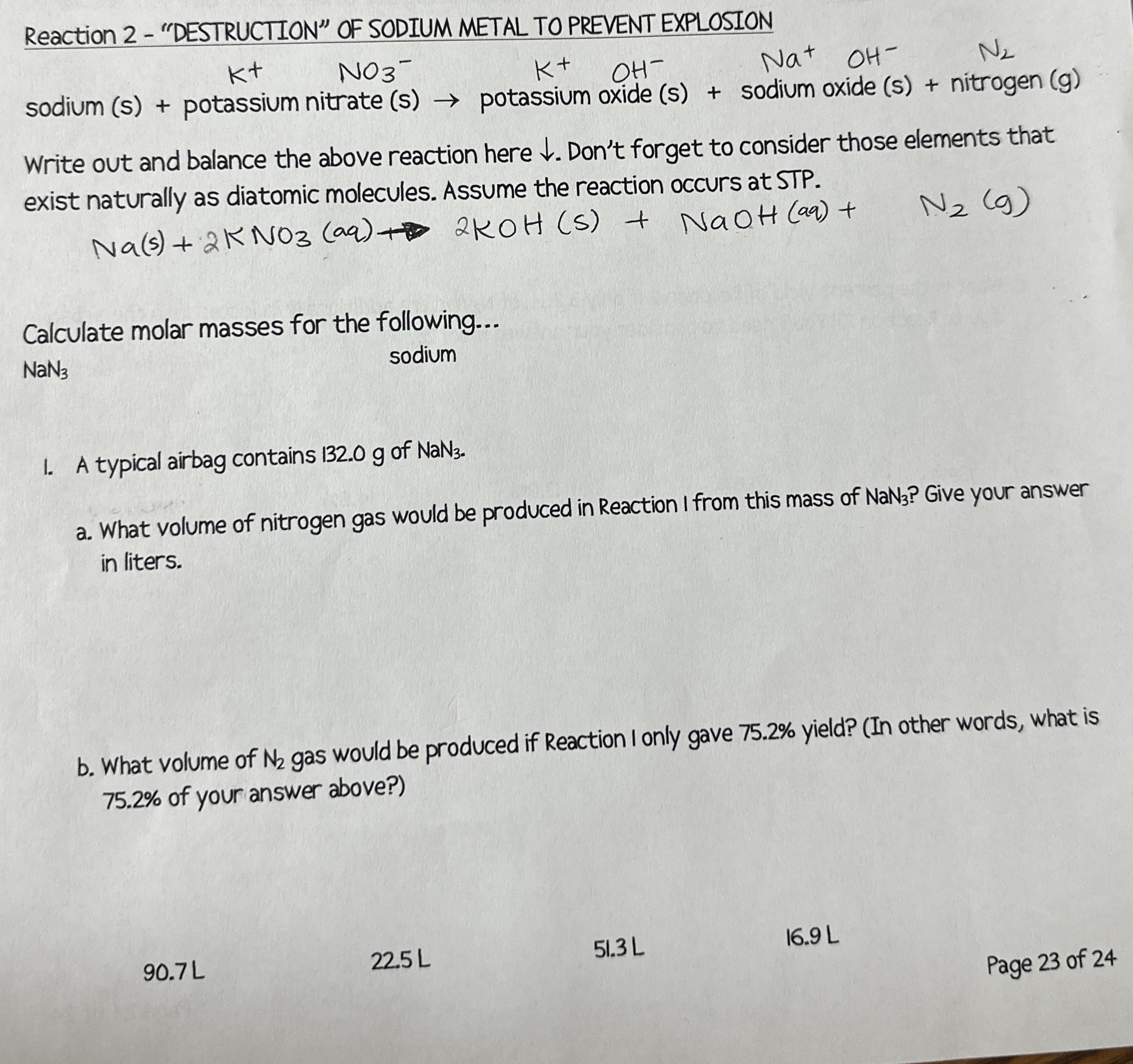 Solved Reaction 2 - ﻿"DESTRUCTION" OF SODIUM METAL TO | Chegg.com