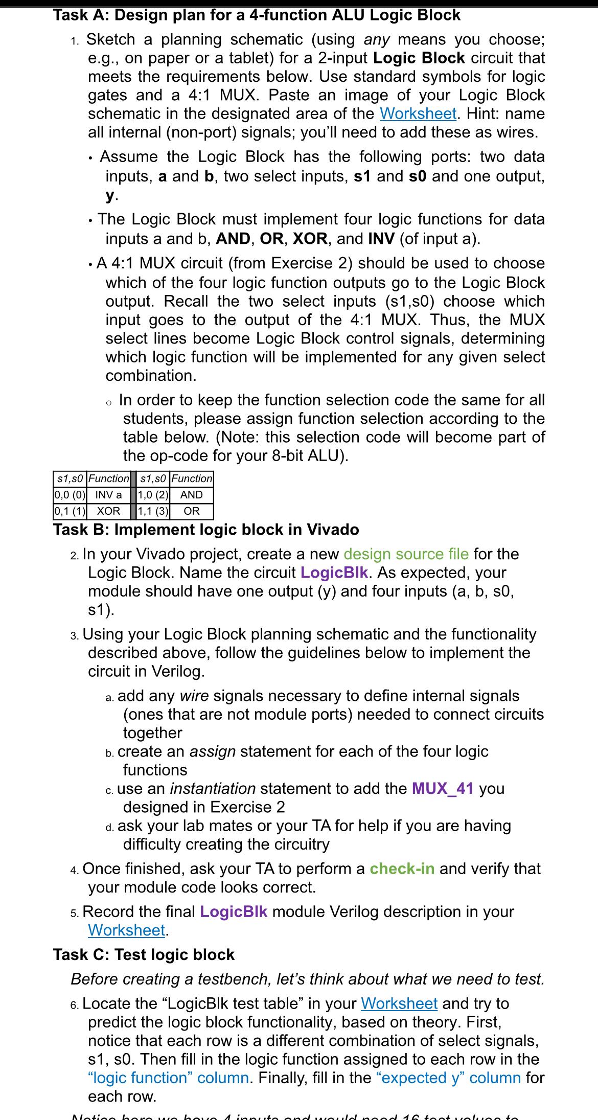 Solved Task A: Design plan for a 4-function ALU Logic | Chegg.com
