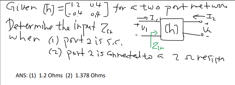 Solved Given [h]=[1.20.4-0.40.4] ﻿for a two port he | Chegg.com