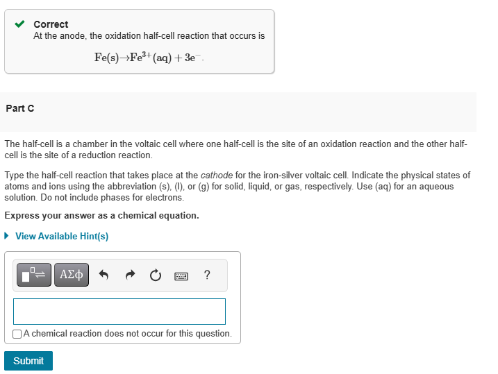 Solved \( \checkmark \) ﻿CorrectAt the anode, the oxidation | Chegg.com