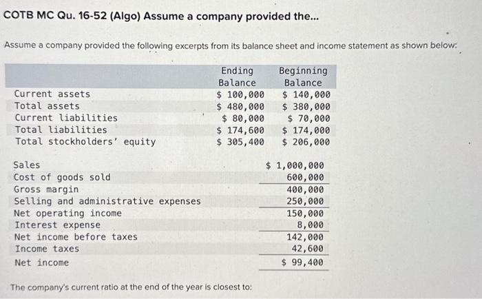 Solved COTB MC Qu. 16-52 (Algo) Assume a company provided | Chegg.com