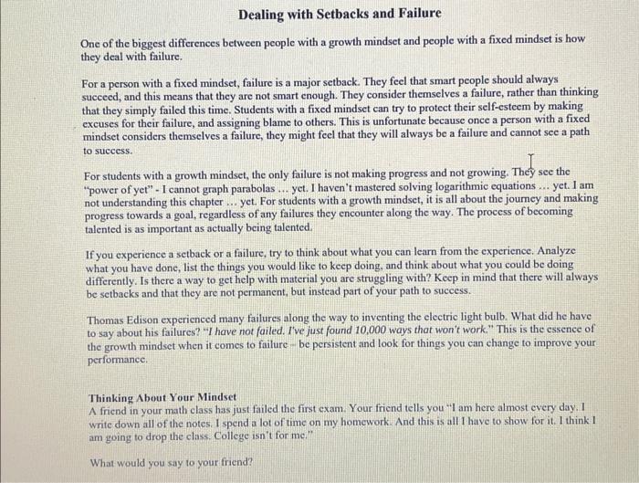 Solved Dealing with Setbacks and Failure One of the biggest | Chegg.com