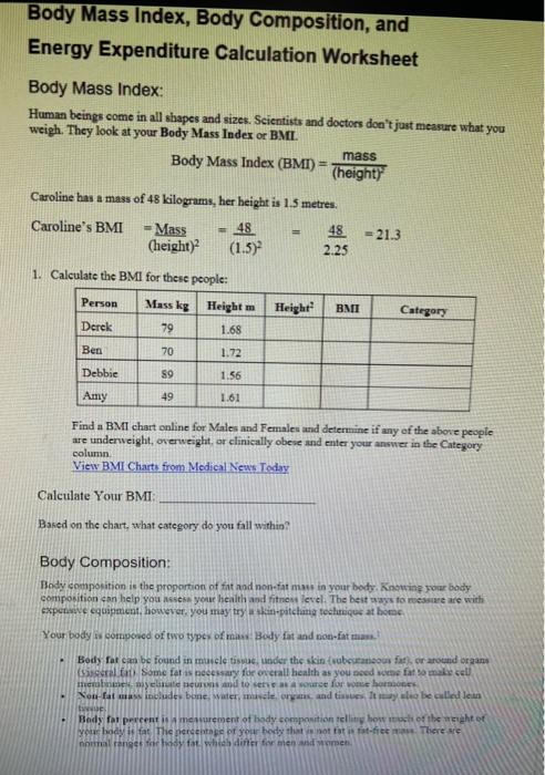 Solved Energy Expenditure Calculation Worksheet Body Mass | Chegg.com