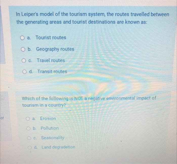 Solved In Leiper's model of the tourism system, the routes | Chegg.com