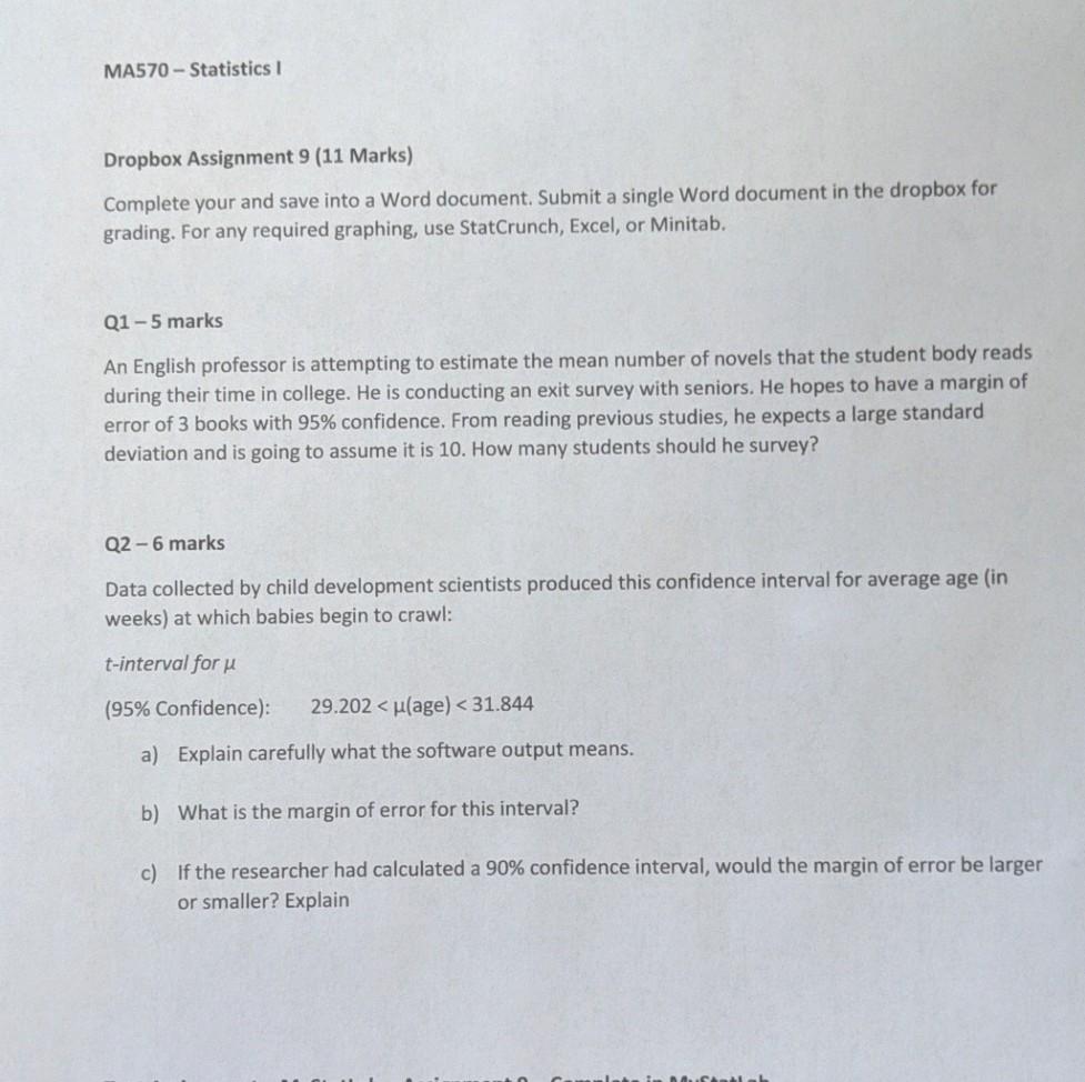 Solved MA570 - Statistics Dropbox Assignment 9 (11 Marks) | Chegg.com