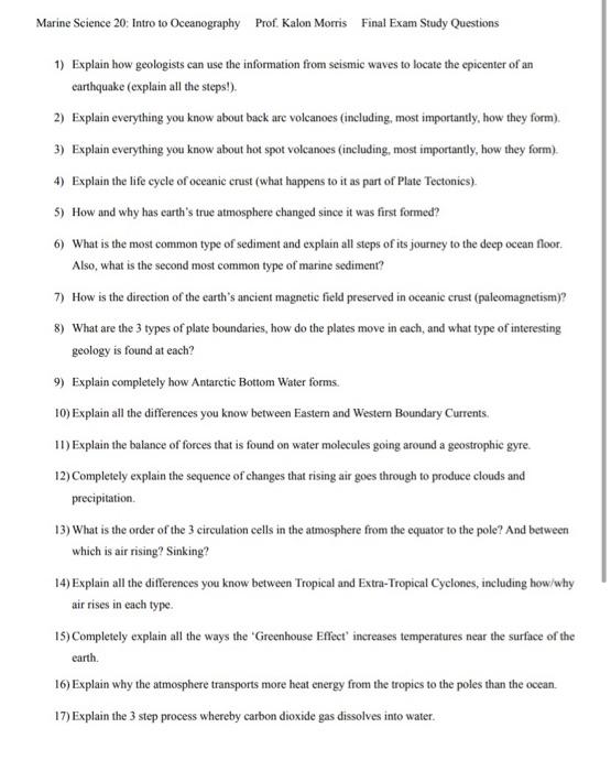 Solved Marine Science 20: Intro to Oceanography Prof. Kalon | Chegg.com