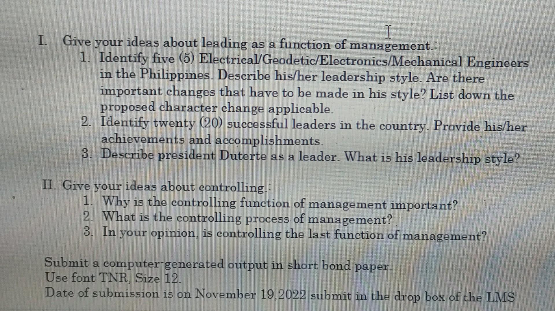Solved I. Give your ideas about leading as a function of | Chegg.com