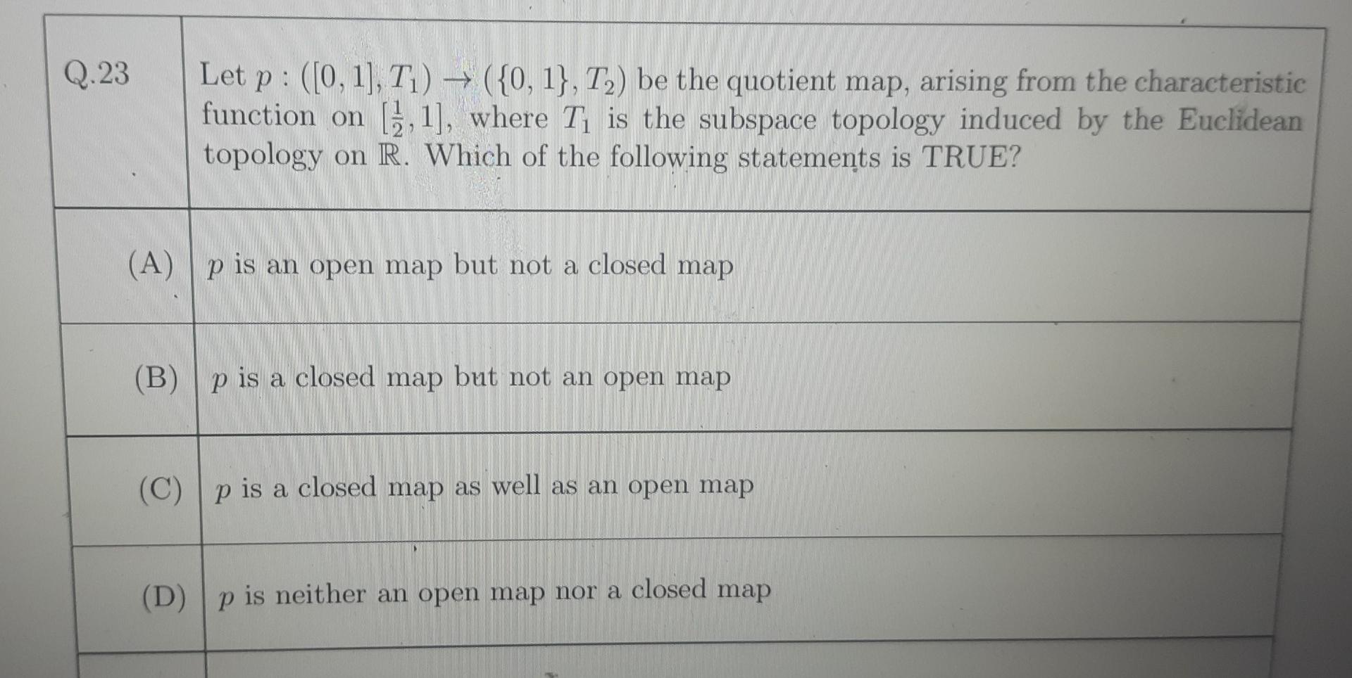 Solved Q.23 Let p:([0,1],T1)→({0,1},T2) be the quotient map, | Chegg.com