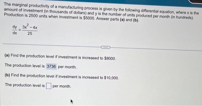 Solved The marginal productivity of a manufacturing process | Chegg.com