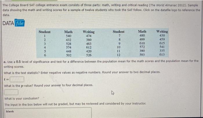Solved The College Board SAT college entrance exam consists | Chegg.com