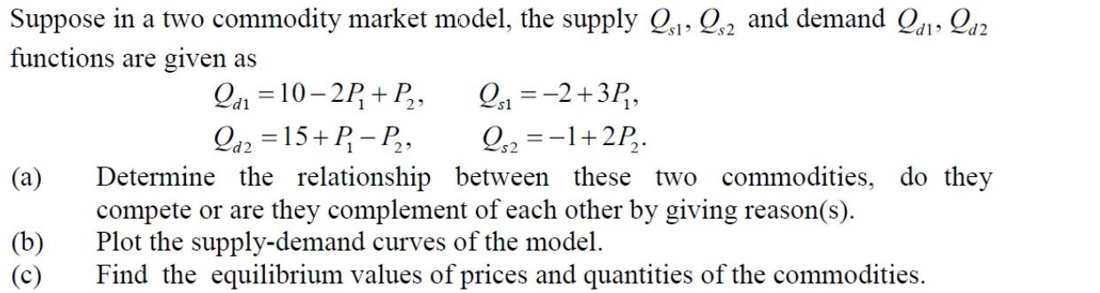 Solved Suppose in a two commodity market model, the supply | Chegg.com