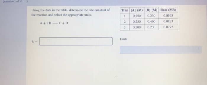 Solved Question 1 of 20 > Using the data in the table, | Chegg.com