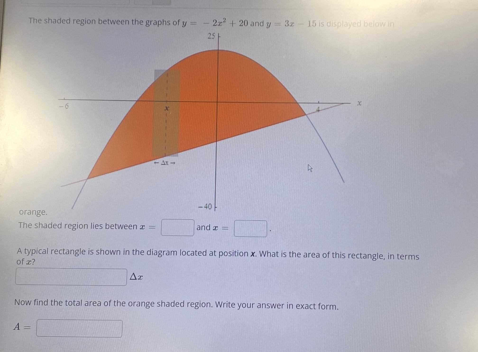Solved The shaded region between the graphs of y=-2x2+20 | Chegg.com