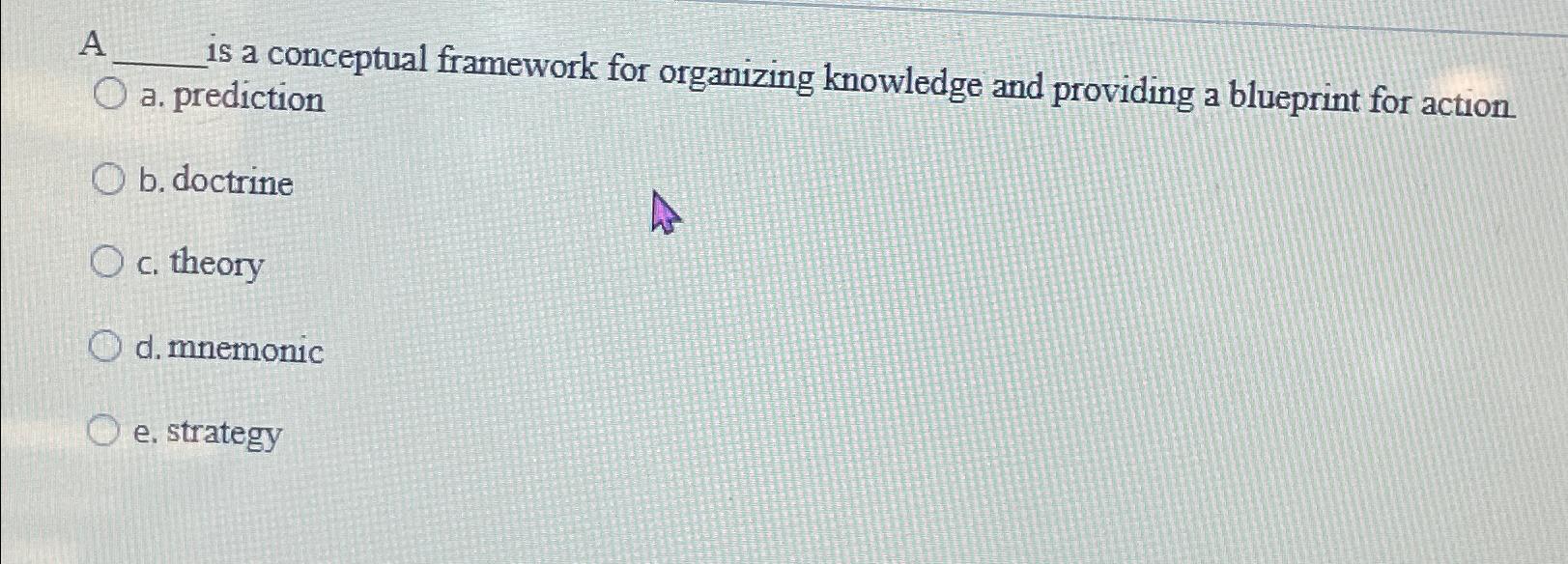 Solved A is a conceptual framework for organizing knowledge | Chegg.com
