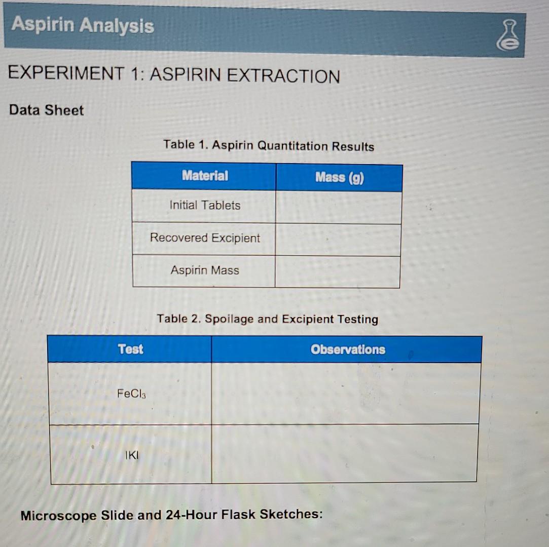 Aspirin Analysis EXPERIMENT 1: ASPIRIN EXTRACTION | Chegg.com