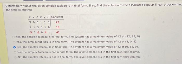 Solved Determine whether the given simplex tableau is in | Chegg.com