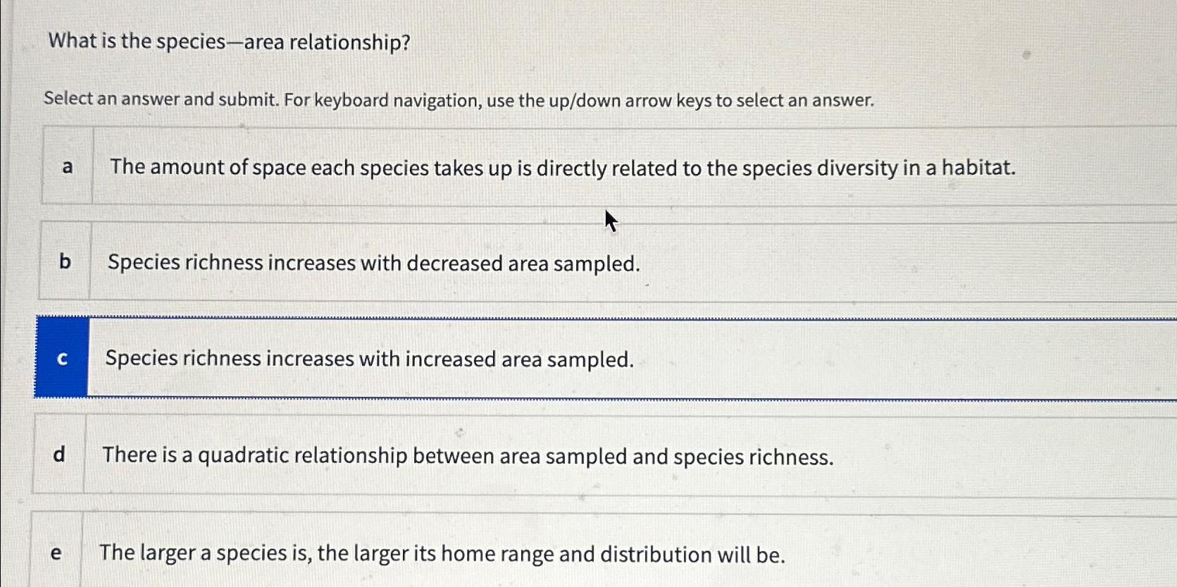 Solved What is the species-area relationship?Select an | Chegg.com