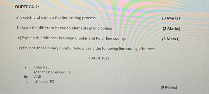 Solved QUESTION 2: a) Sketch and explain the line coding | Chegg.com