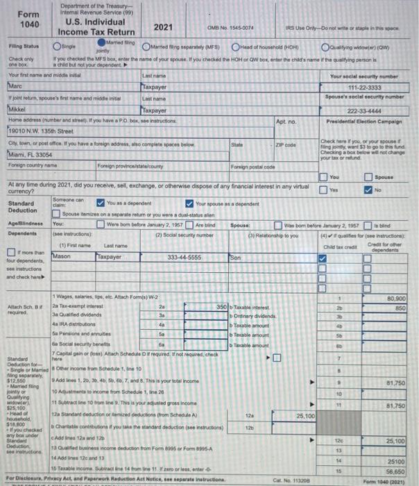 Please fill out form 1040 pages 1 and 2, and schedule | Chegg.com