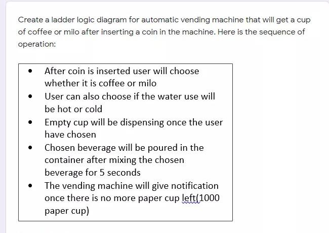 Solved Create a ladder logic diagram for automatic vending | Chegg.com