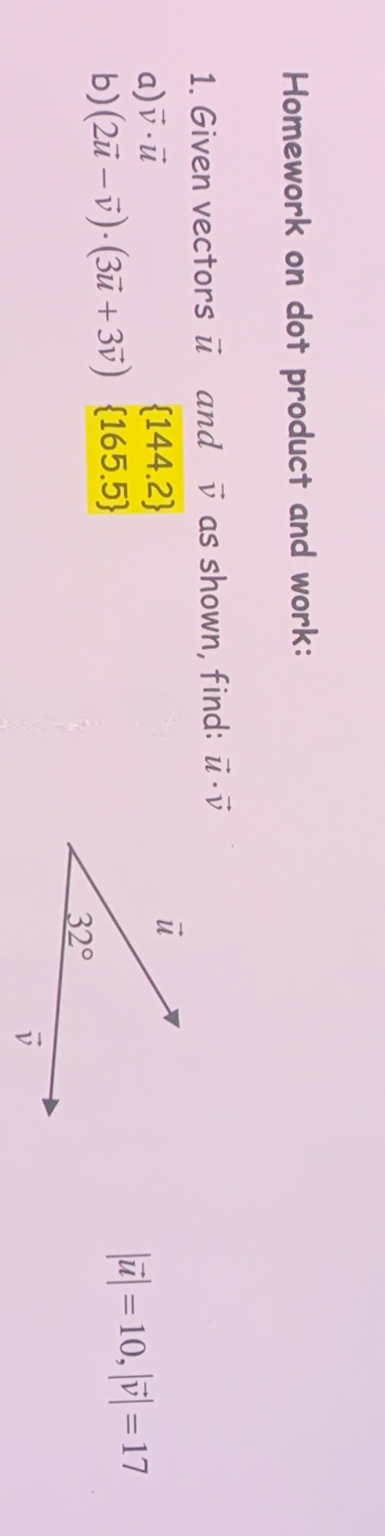 Solved Homework on dot product and work:Given vectors vec(u) | Chegg.com