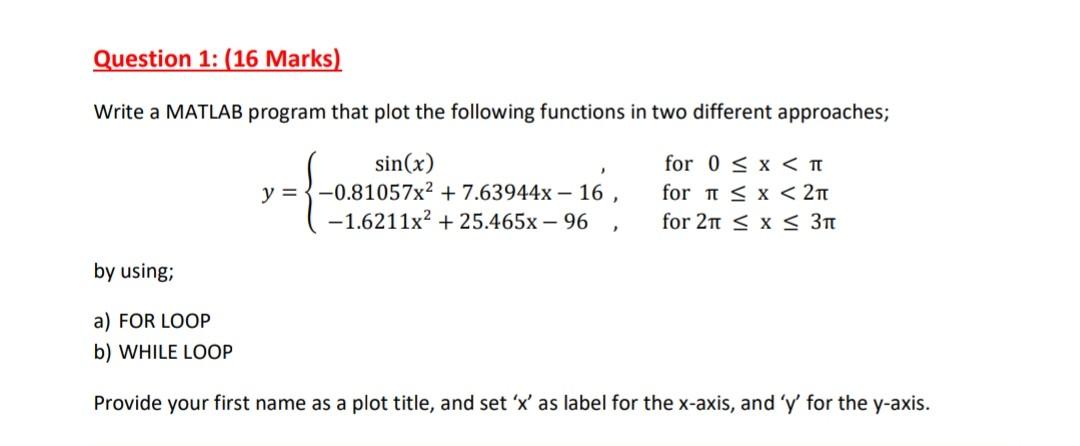 Solved Question 1: (16 Marks) Write a MATLAB program that | Chegg.com