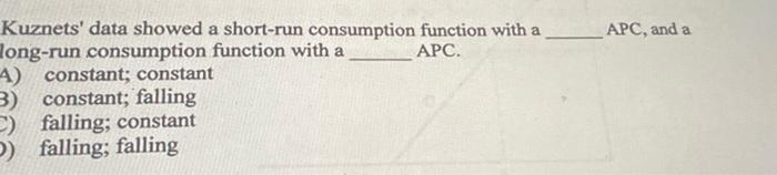 Solved Kuznets' data showed a short-run consumption function | Chegg.com