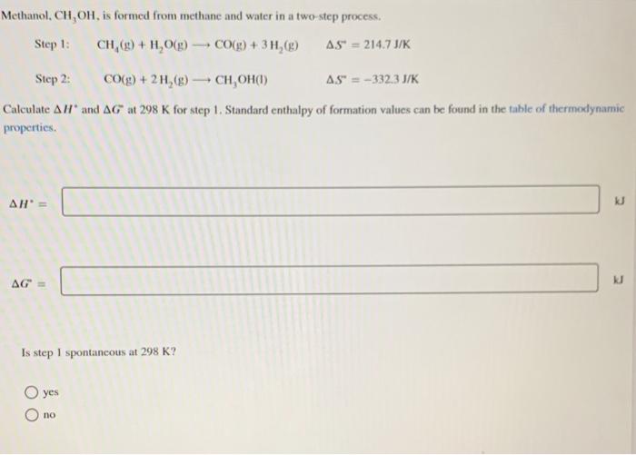 Solved Methanol. CH3OH, is formed from methane and water in | Chegg.com