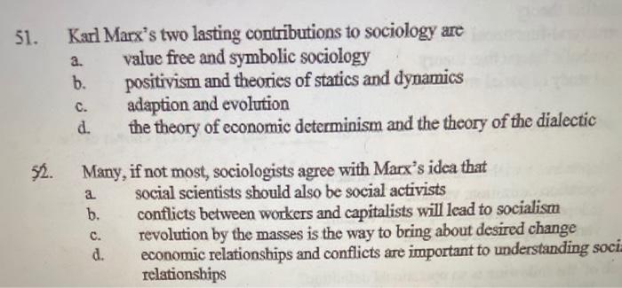 Solved 51. a. Karl Marx's two lasting contributions to | Chegg.com