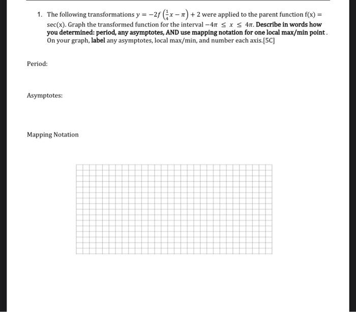 Solved 1. The following transformations y=−2f(41x−π)+2 were | Chegg.com