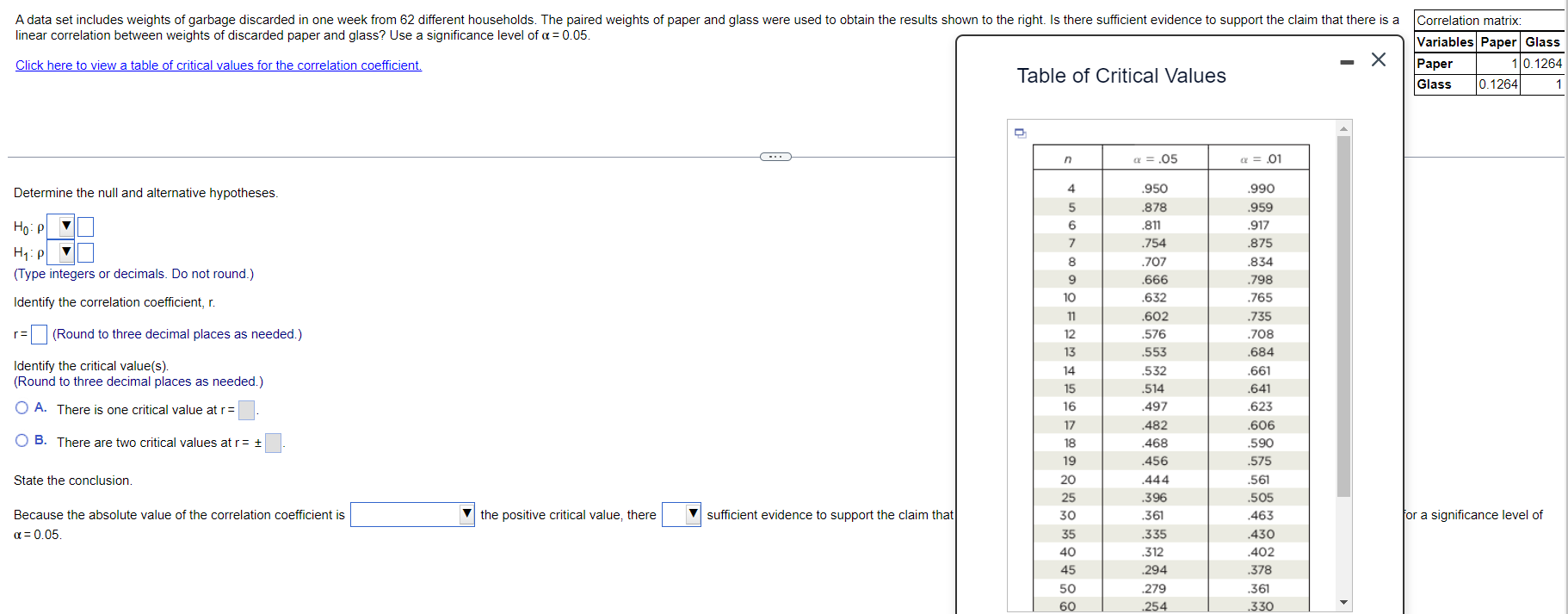 Solved linear correlation between weights of discarded paper | Chegg.com